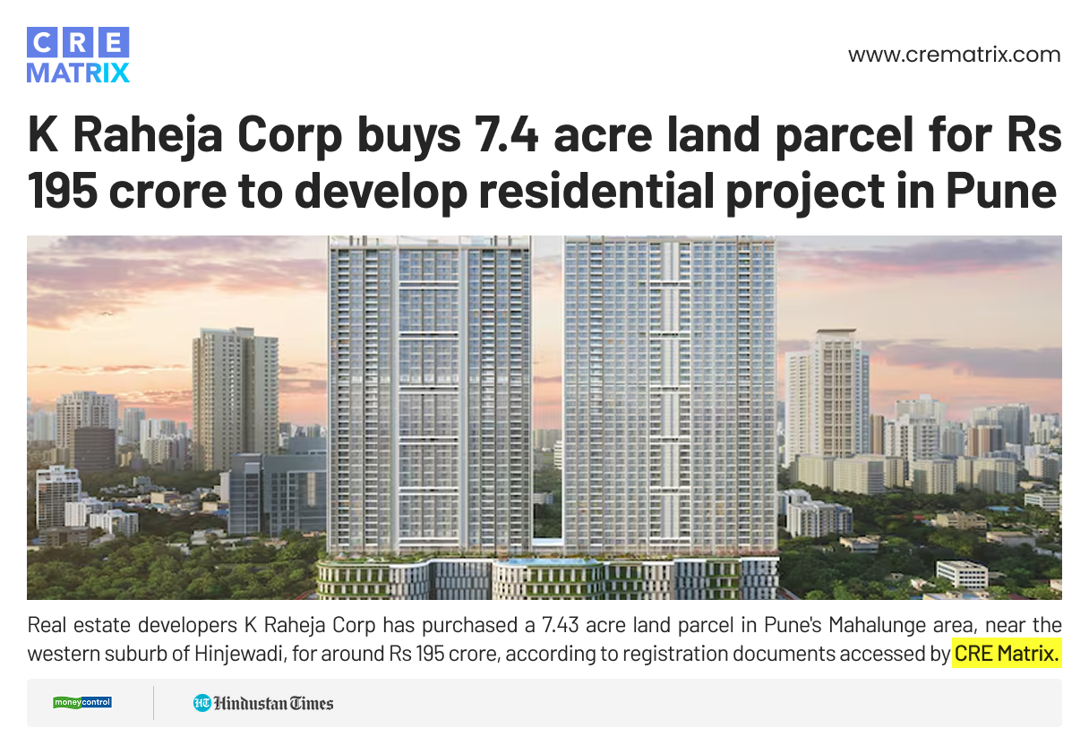 K Raheja Corp Buys Mahalunge Land for ₹195 Cr